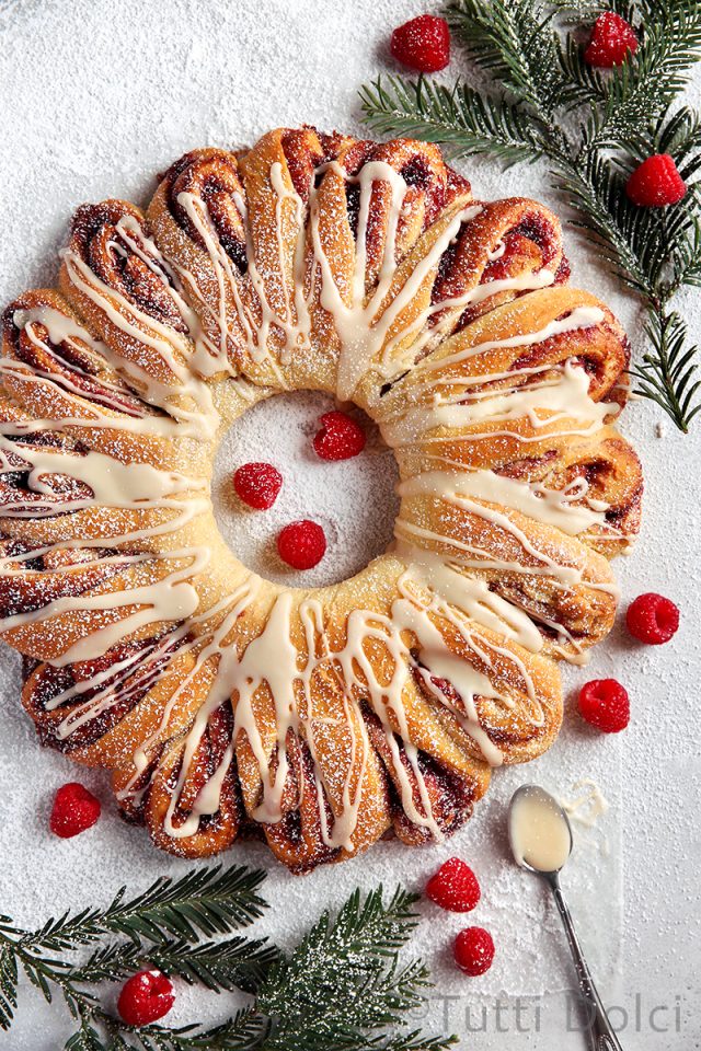 Raspberry Vanilla Wreath Bread - Tutti Dolci Baking Recipes